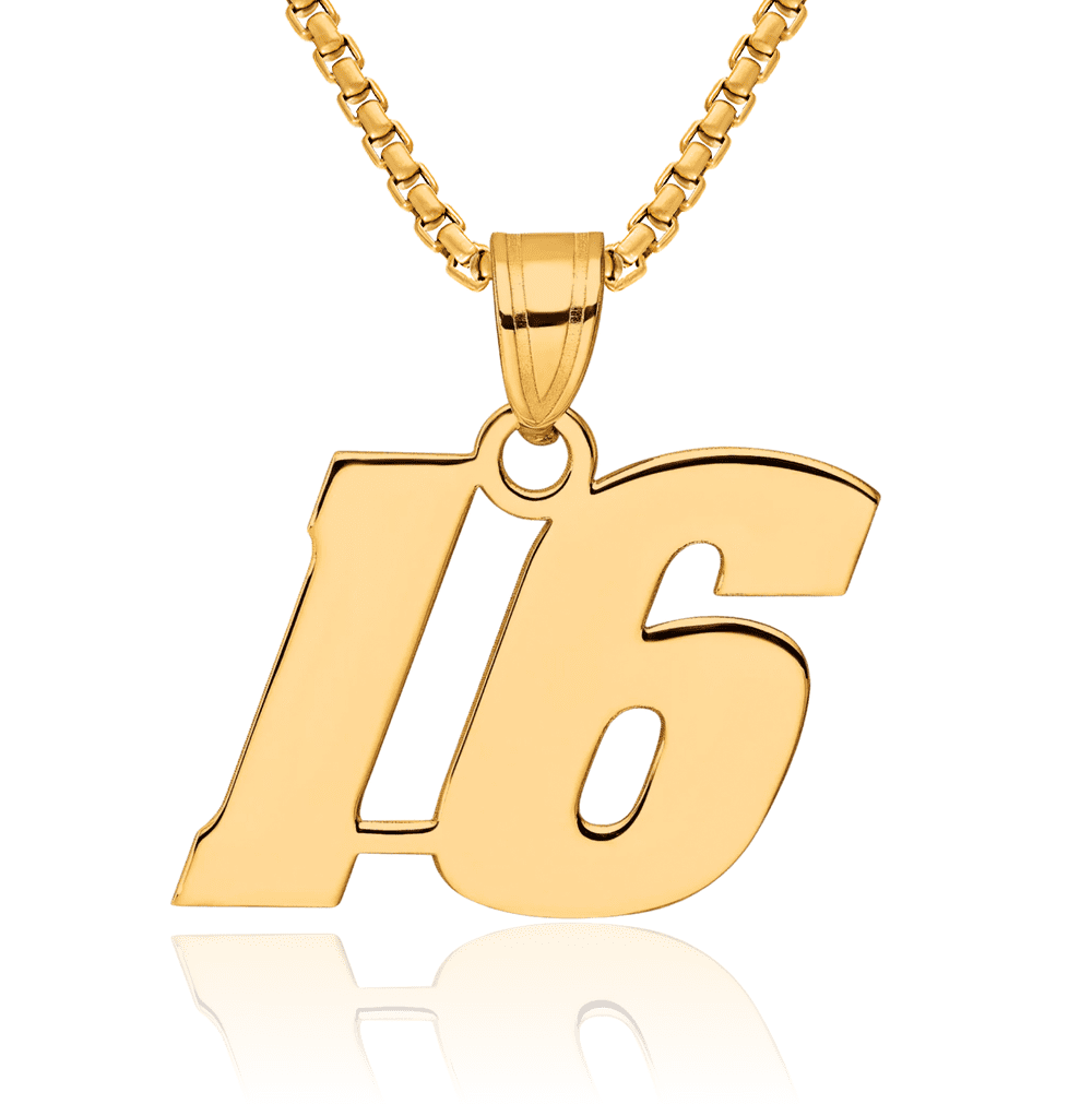 14K Solid Yellow Gold Block Number 16 Necklace Chain Pendant Charm with ...