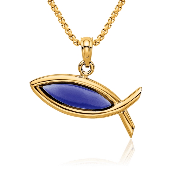 14K Solid Yellow Gold Blue Ichthus Fish Symbol Necklace Religious Chain ...