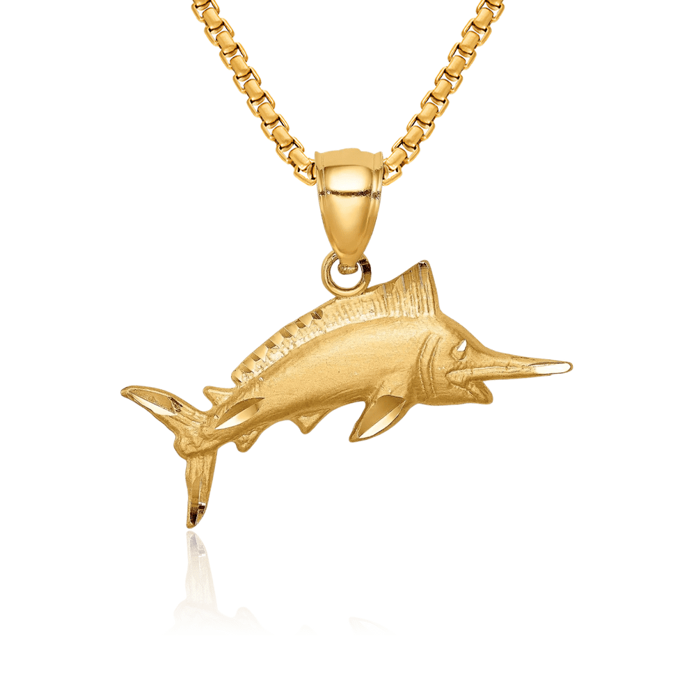 14K Solid Yellow Gold Blue Marlin Fish Necklace Chain Pendant Charm ...