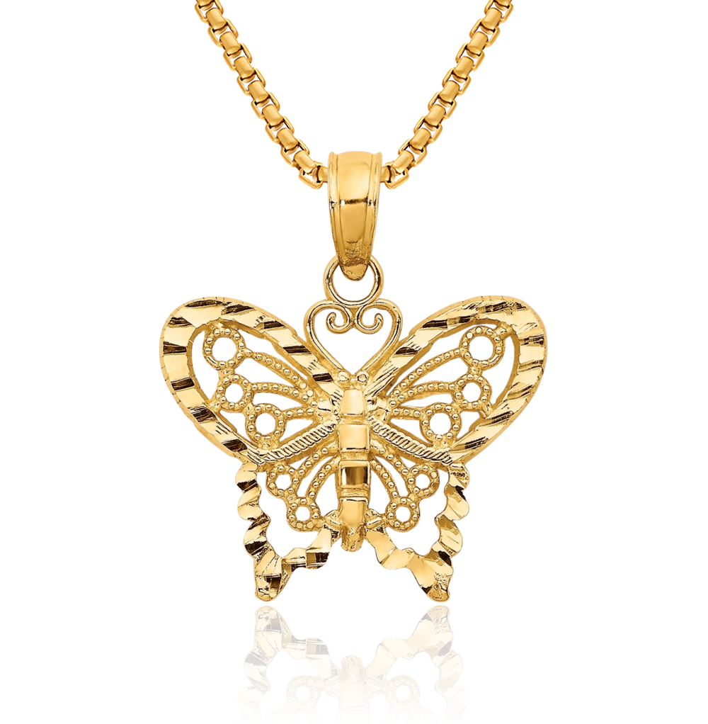 14K Solid Yellow Gold Butterfly Wings Necklace Chain Pendant Charm with ...
