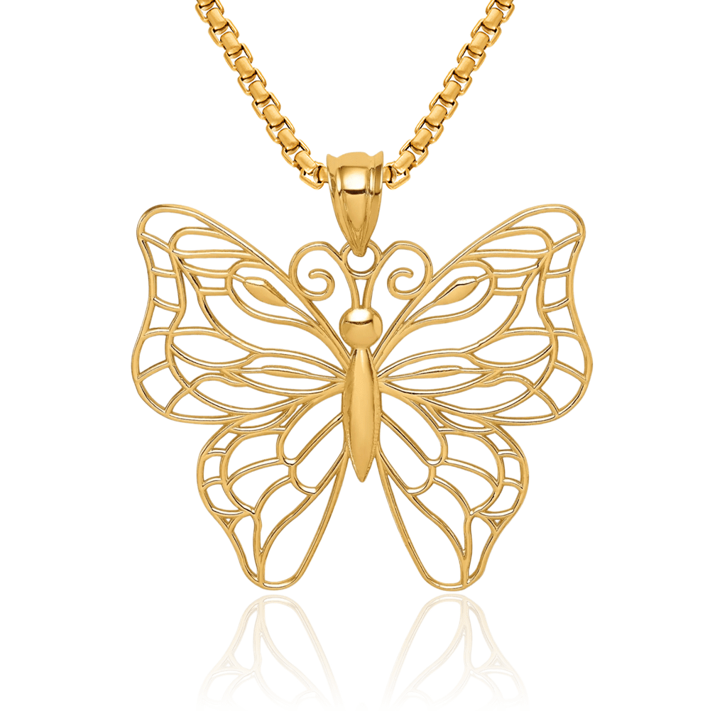 14K Solid Yellow Gold Butterfly Wings Necklace Chain Pendant Charm with ...