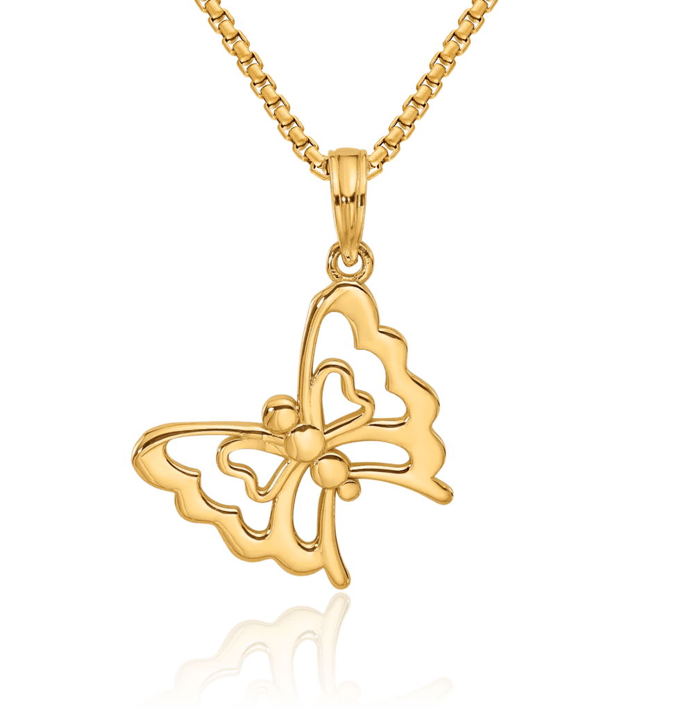 14K Solid Yellow Gold Butterfly Wings Necklace Chain Pendant Charm ...