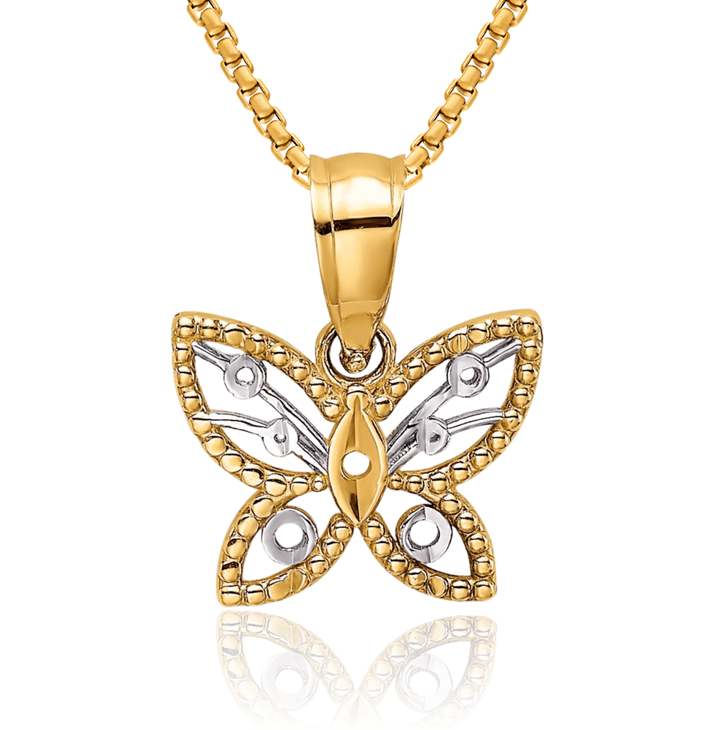 14K Solid Yellow Gold Butterfly Wings Necklace Chain Pendant Charm with ...