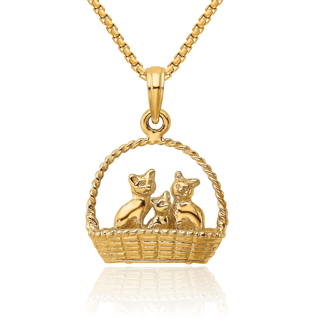 14K Solid Yellow Gold Cats of Basket Necklace Chain Pendant Charm ...
