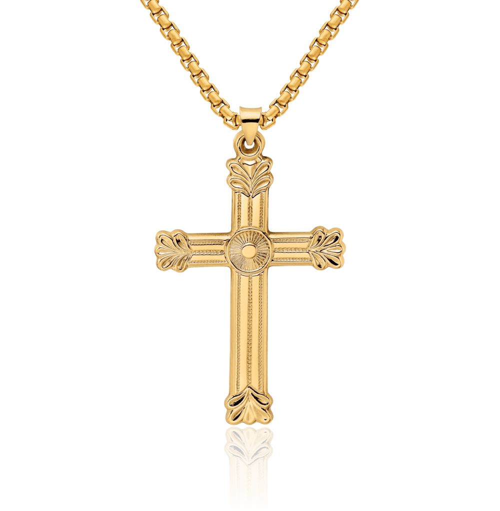 14K Solid Yellow Gold Circle Round Holy Cross Necklace Religious Chain ...