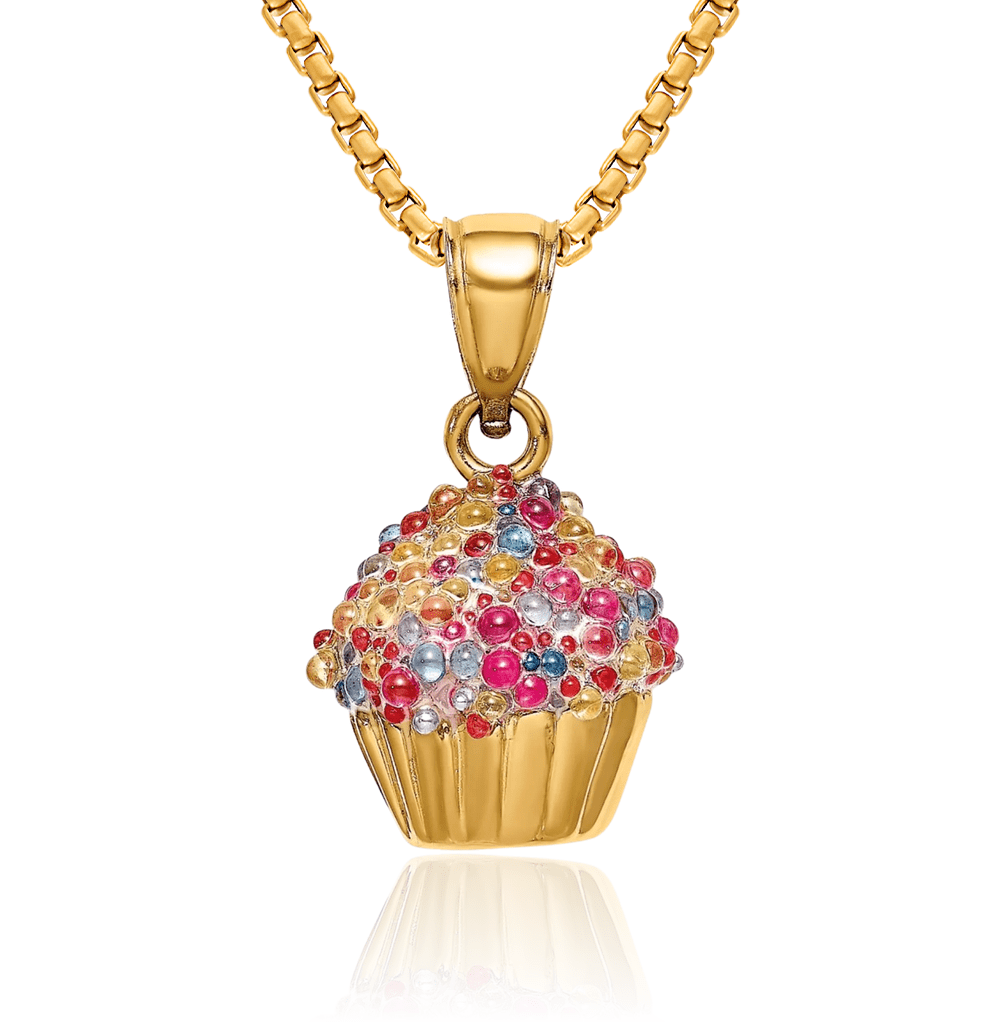 14K Solid Yellow Gold Color Bead Icing Cupcake Necklace Chain Pendant ...