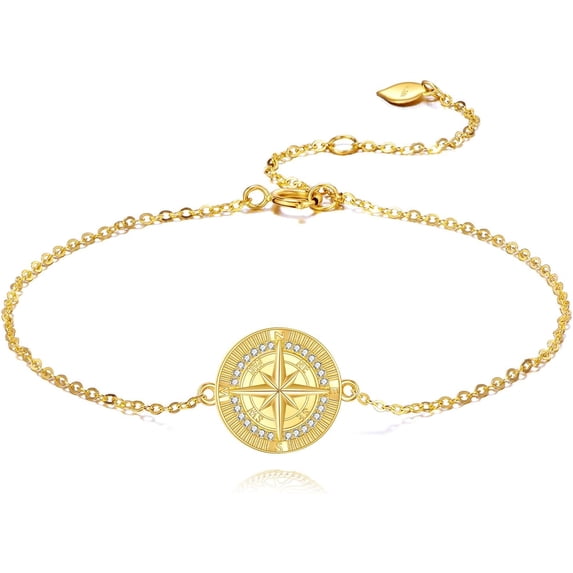 14K Solid Yellow Gold Compass Bracelet Gold Compass Jewelry Anniversary ...