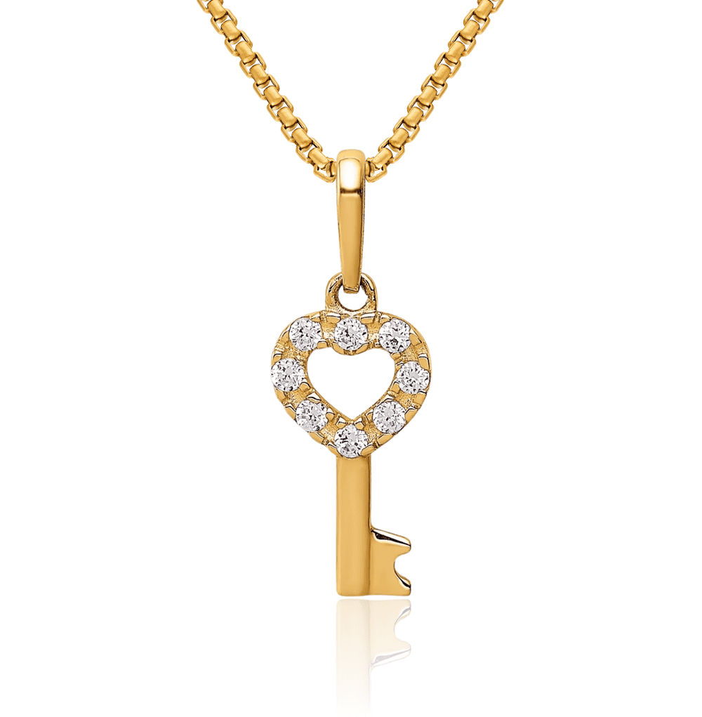 14K Solid Yellow Gold Cubic Zirconia CZ Key Dangling Necklace Chain ...
