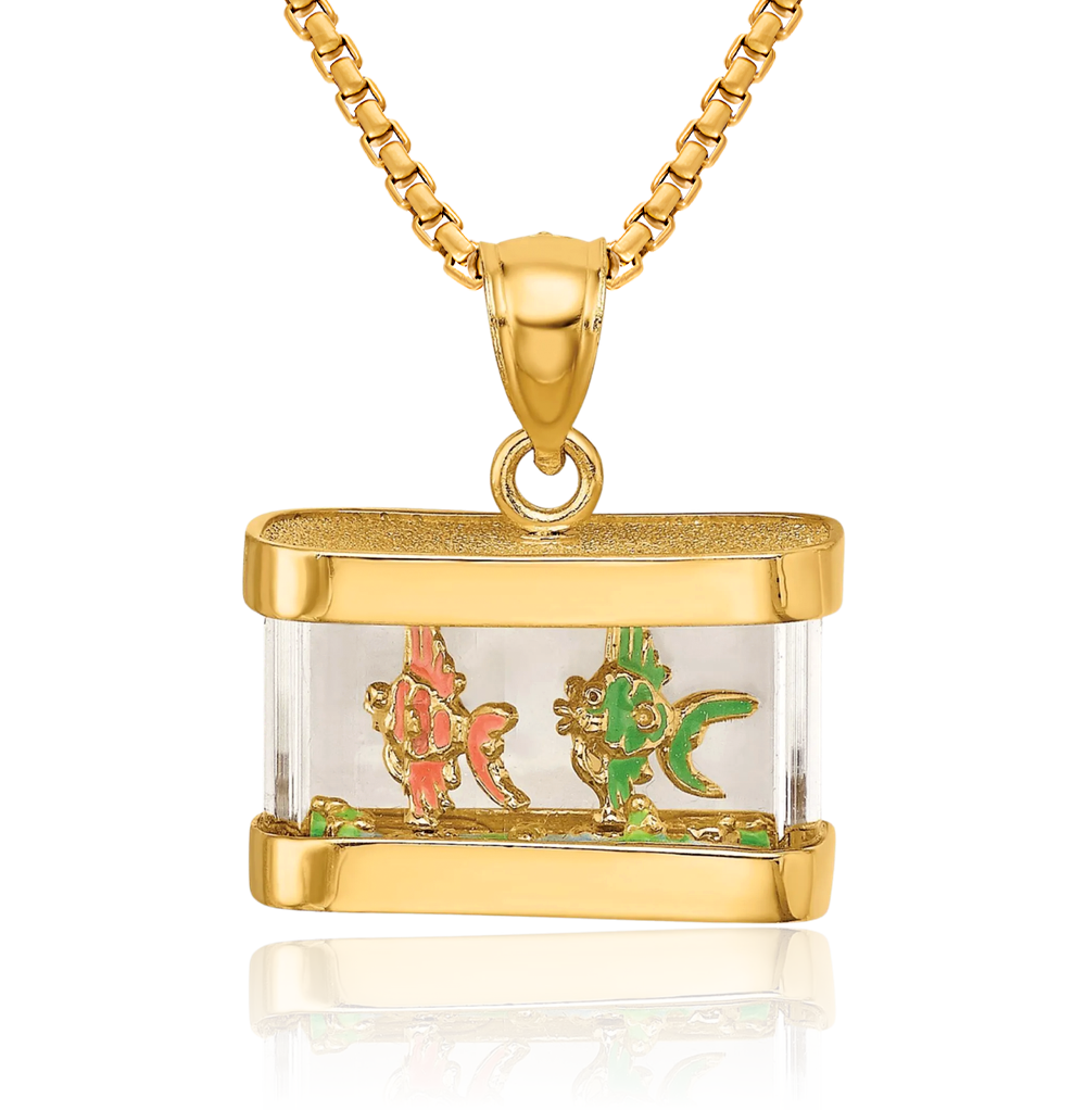 14K Solid Yellow Gold Dangling Fish Aquarium Necklace Chain Pendant ...