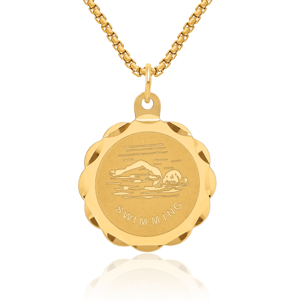 14K Solid Yellow Gold Disc Necklace Swimming Water Charm Sports Pendant ...