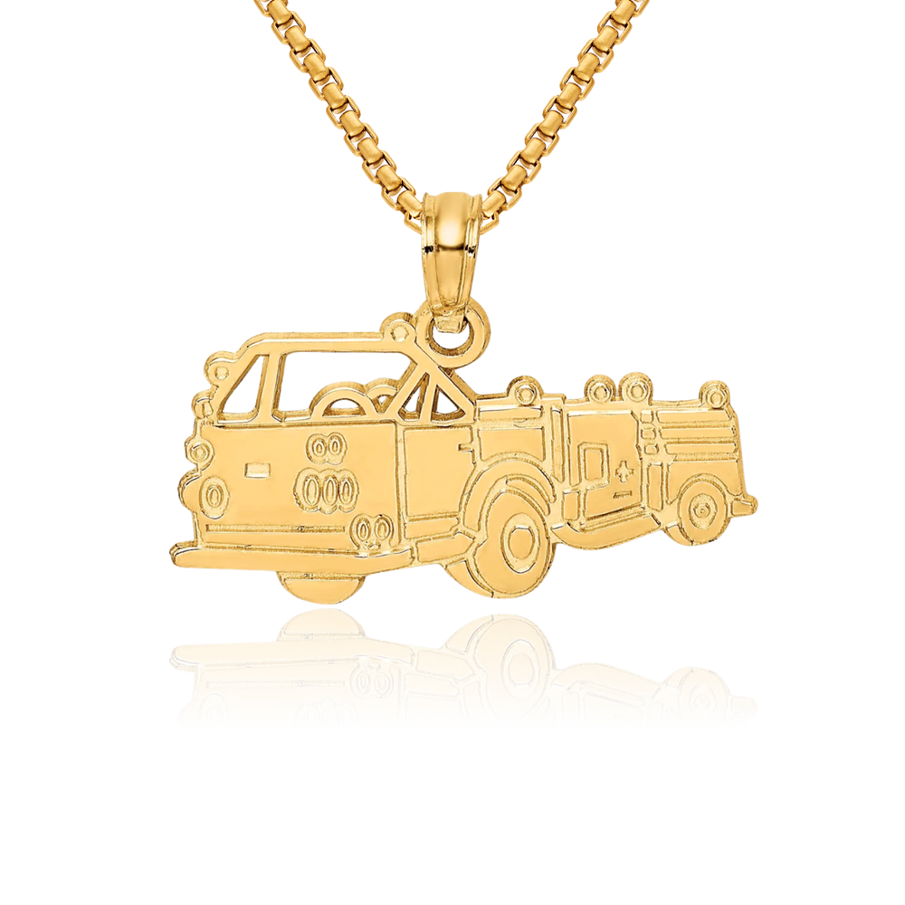 14K Solid Yellow Gold Fireman Truck Fire Department FD Necklace ...