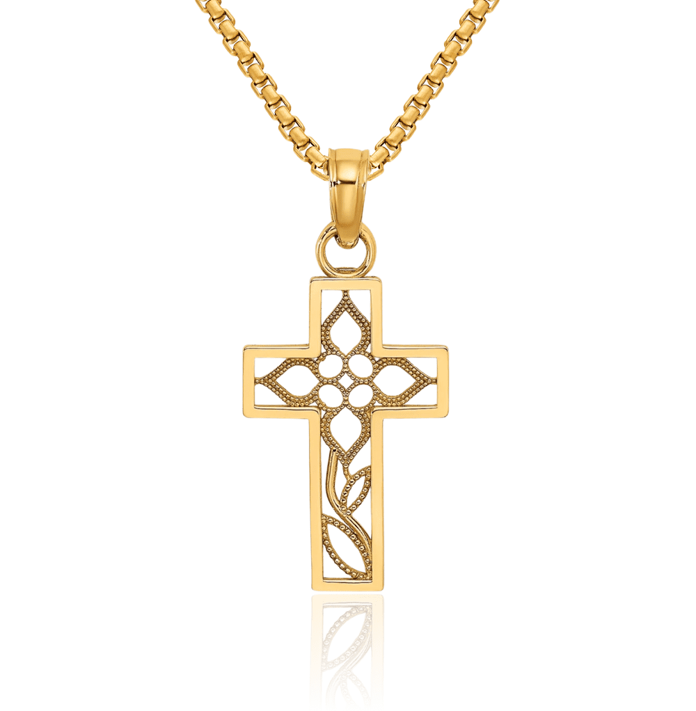 14K Solid Yellow Gold Flower Latin Mexican Holy Cross Necklace ...