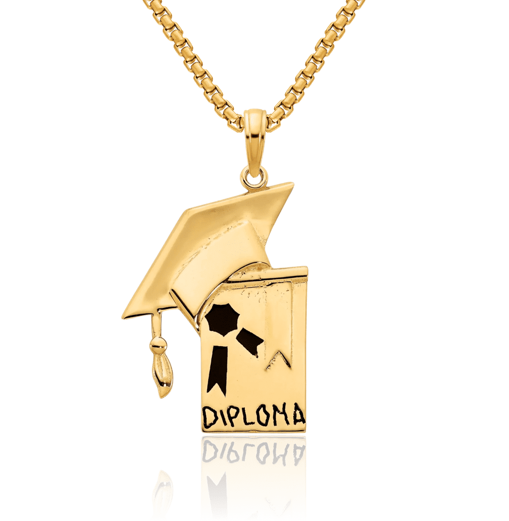 14K Solid Yellow Gold Graduation Cap Diploma Necklace Chain Pendant ...