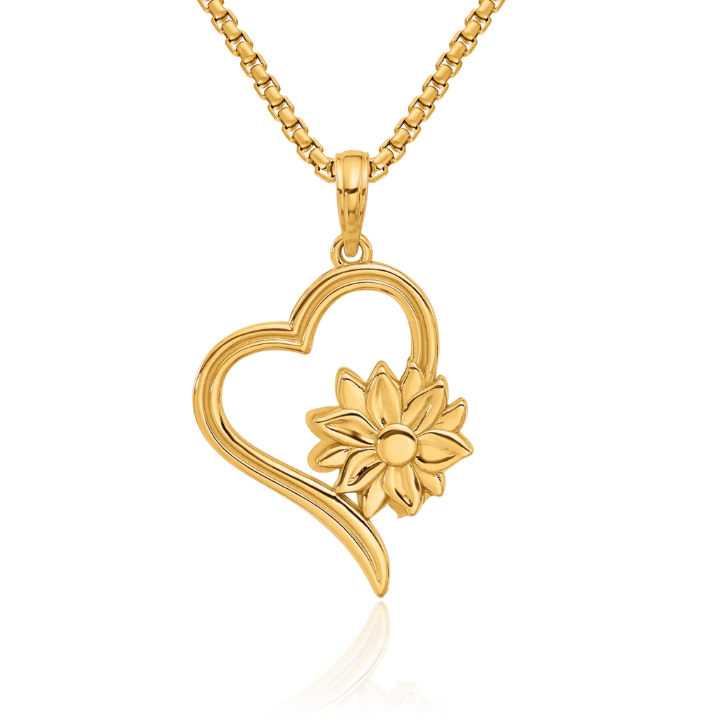 14K Solid Yellow Gold Heart Flower Necklace Chain Pendant Charm ...