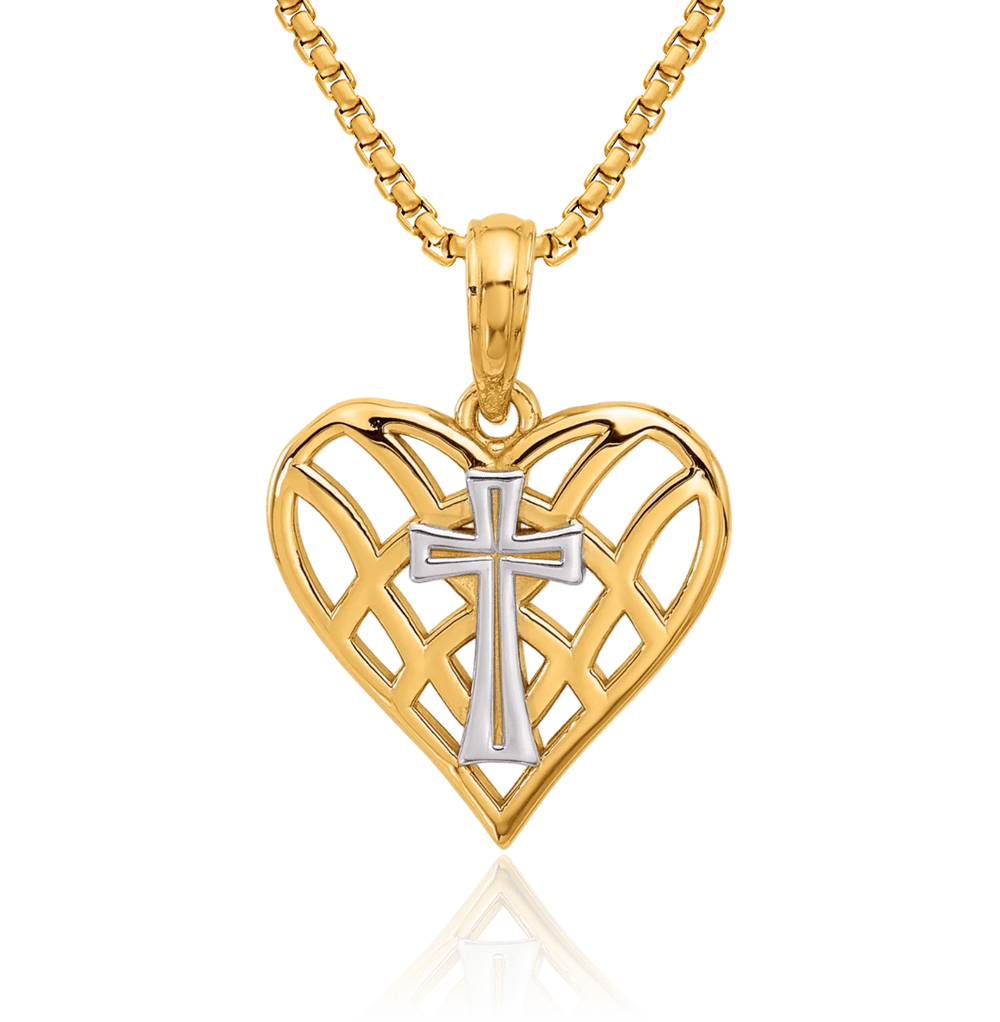 14K Solid Yellow Gold Heart Holy Cross Necklace Religious Chain Pendant ...