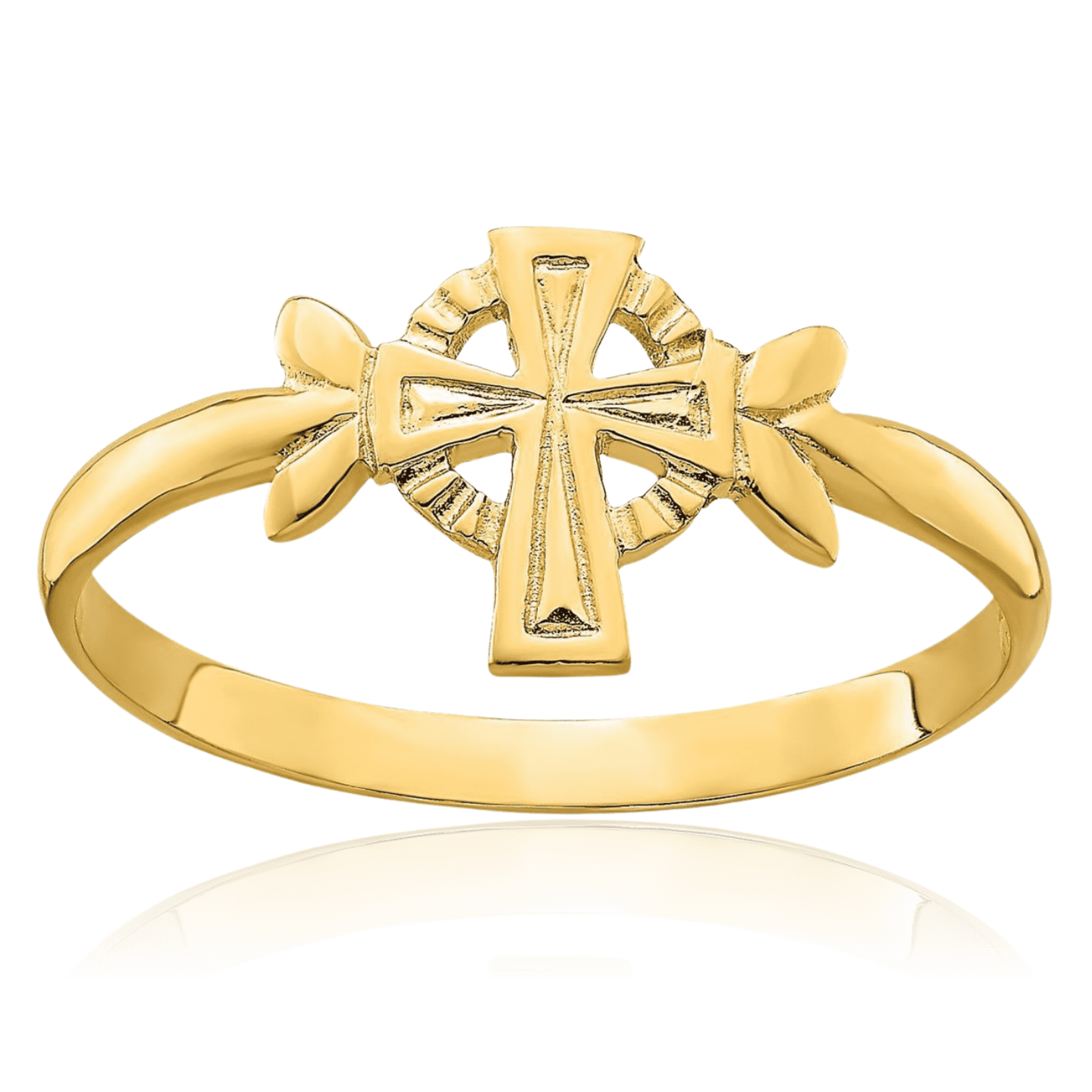 14K Solid Yellow Gold Holy Cross Circle Round Ring Christian Religious ...
