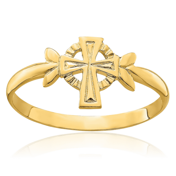 14K Solid Yellow Gold Holy Cross Circle Round Ring Christian Religious ...