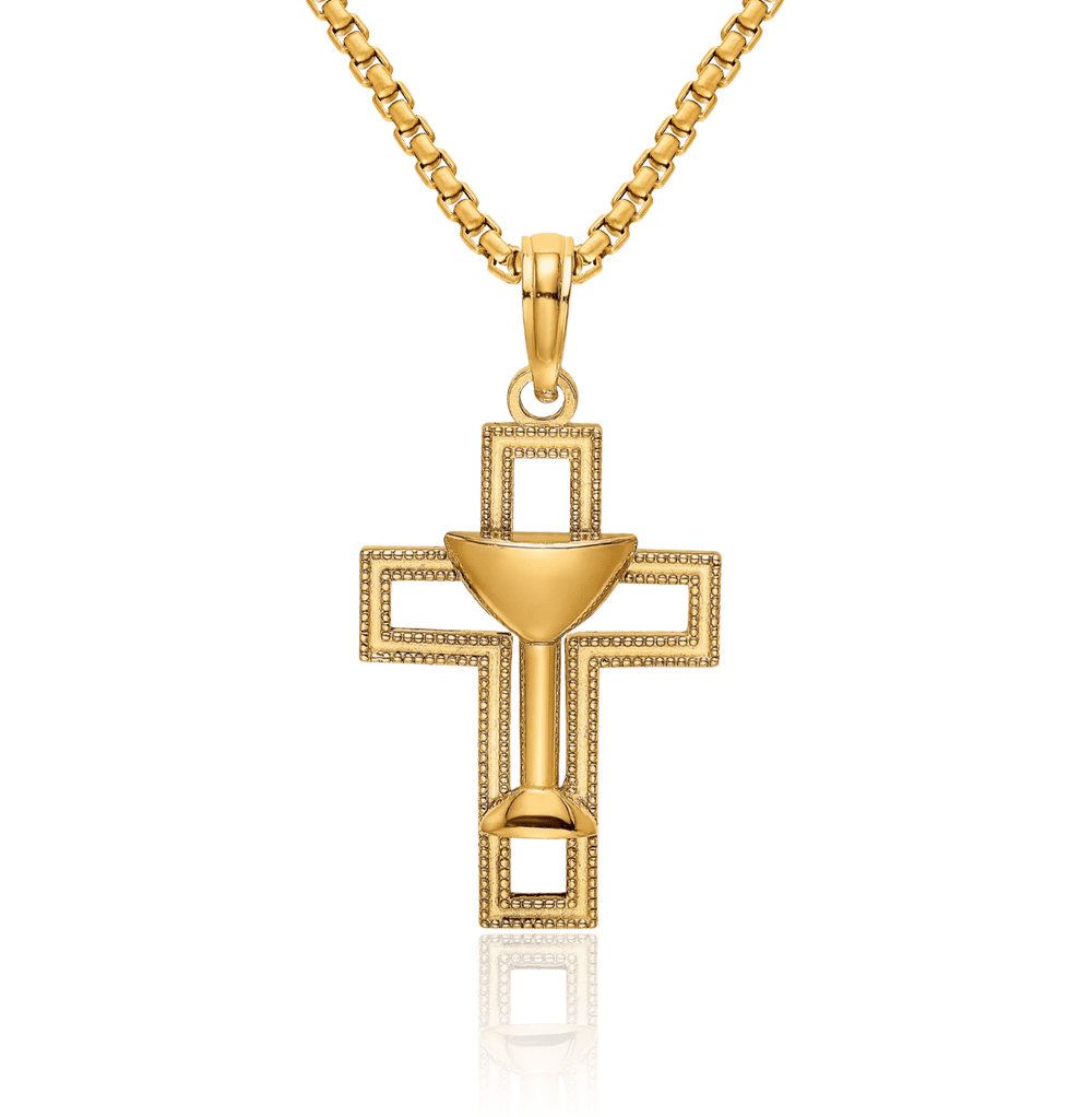 14K Solid Yellow Gold Holy Cross Communion Cup Necklace Religious Chain ...