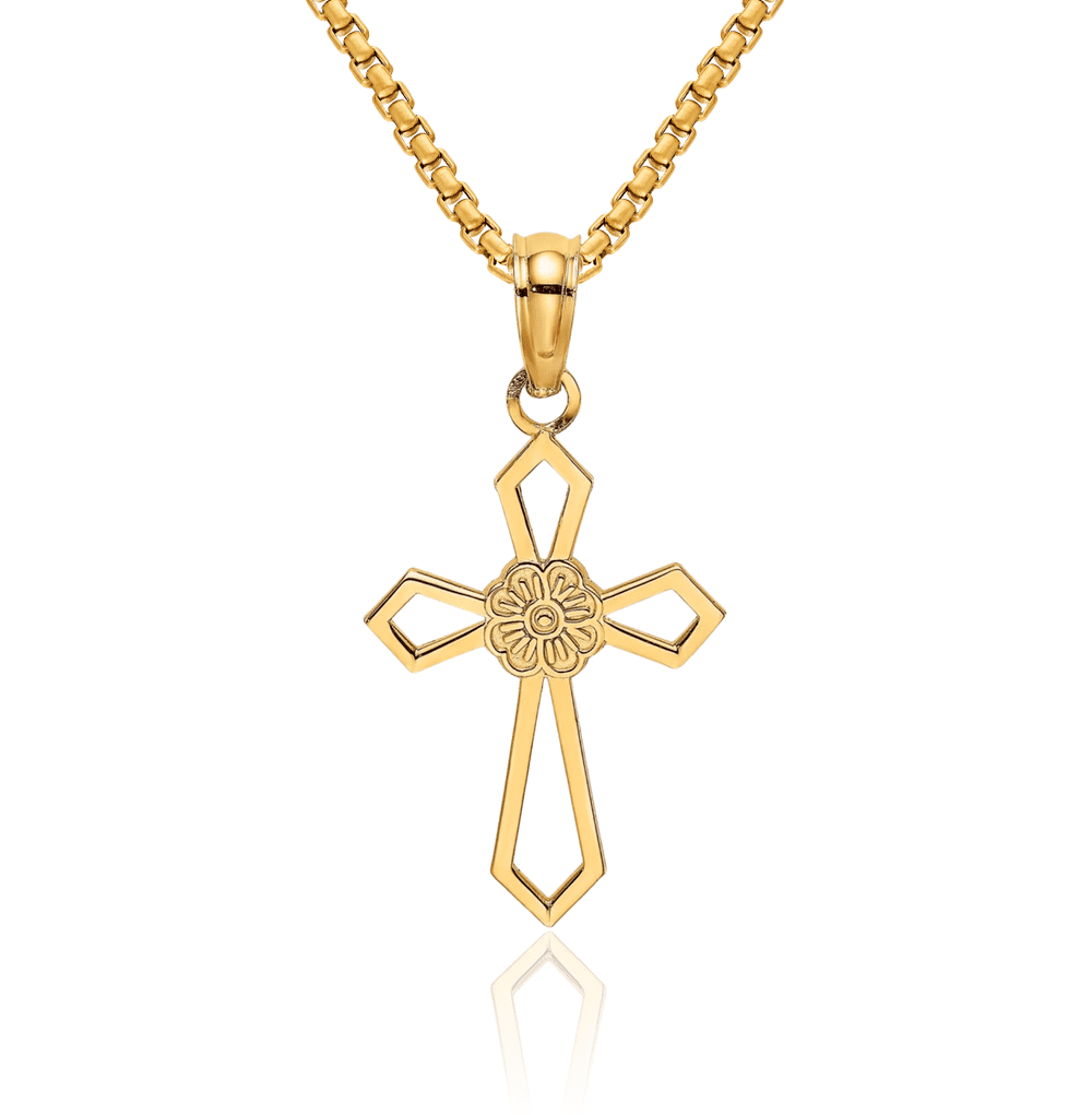14K Solid Yellow Gold Holy Cross Flower Necklace Religious Chain ...