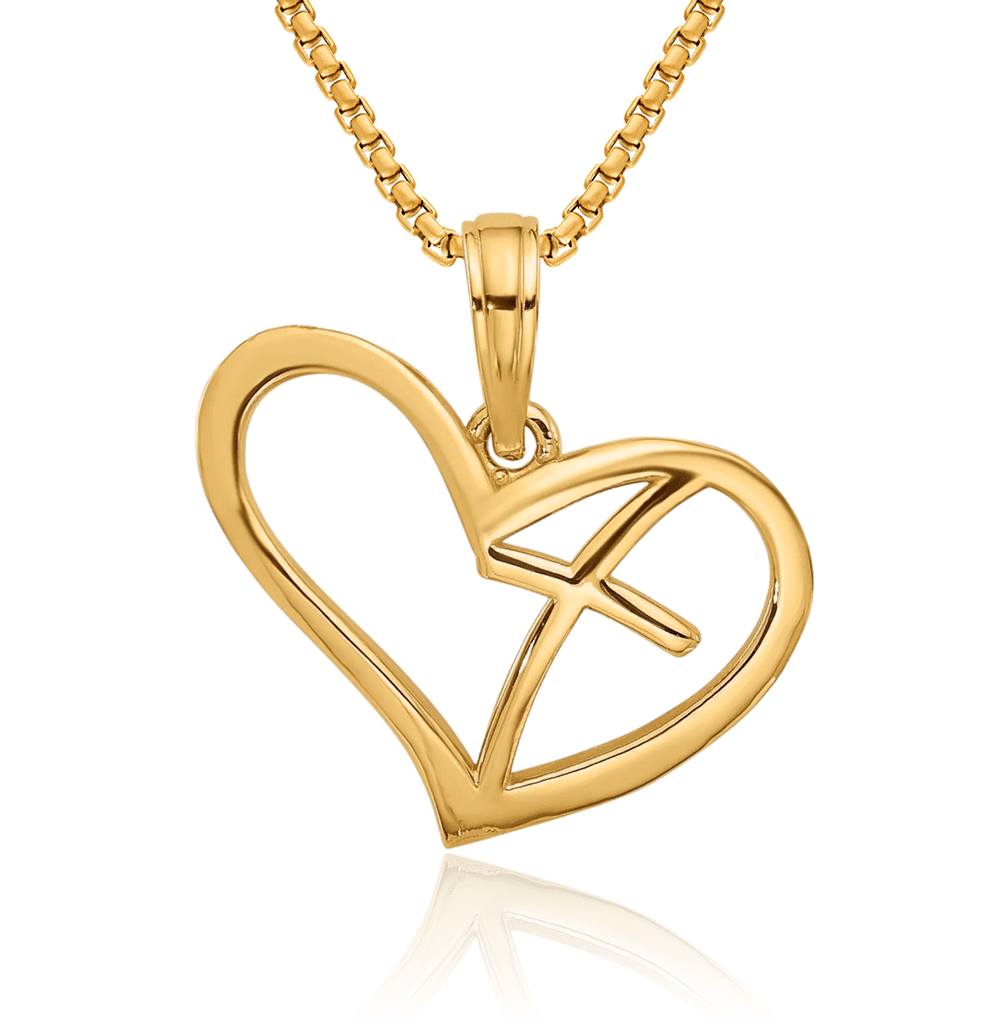 14K Solid Yellow Gold Holy Cross Heart Necklace Religious Chain Pendant ...