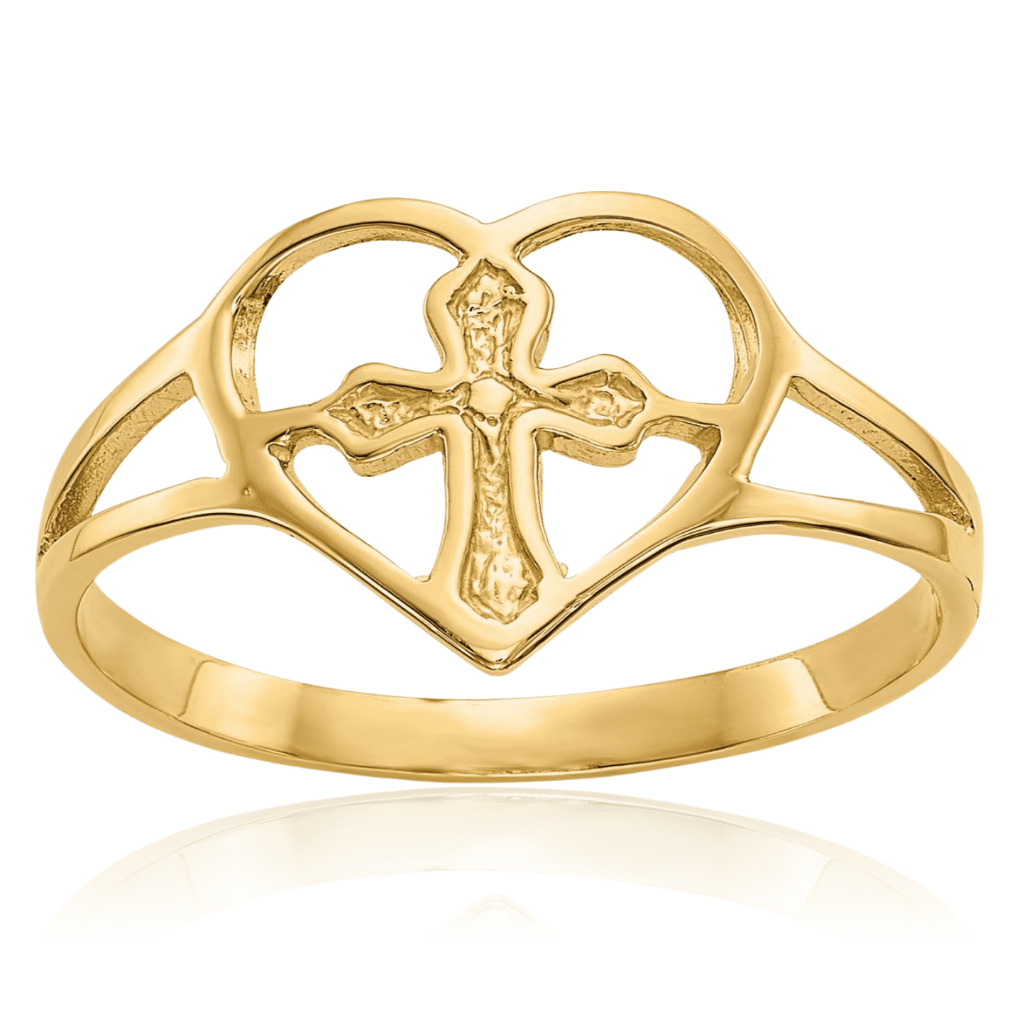 14K Solid Yellow Gold Holy Cross Heart Ring Christian Religious Love ...