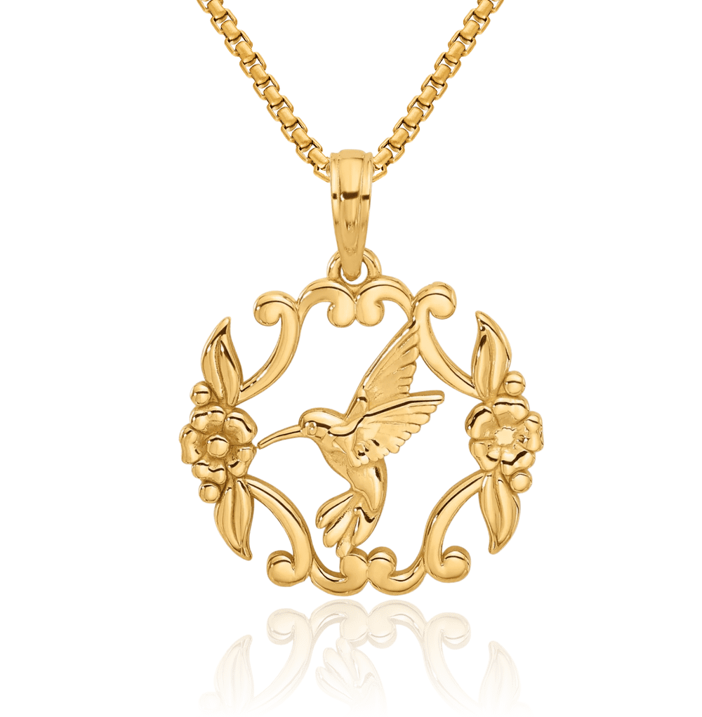 14K Solid Yellow Gold Hummingbird Necklace Bird Pendant Charm with ...