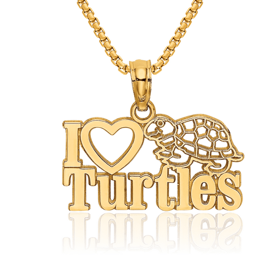 14K Solid Yellow Gold I Love Heart Turtles Necklace Chain Pendant Charm ...