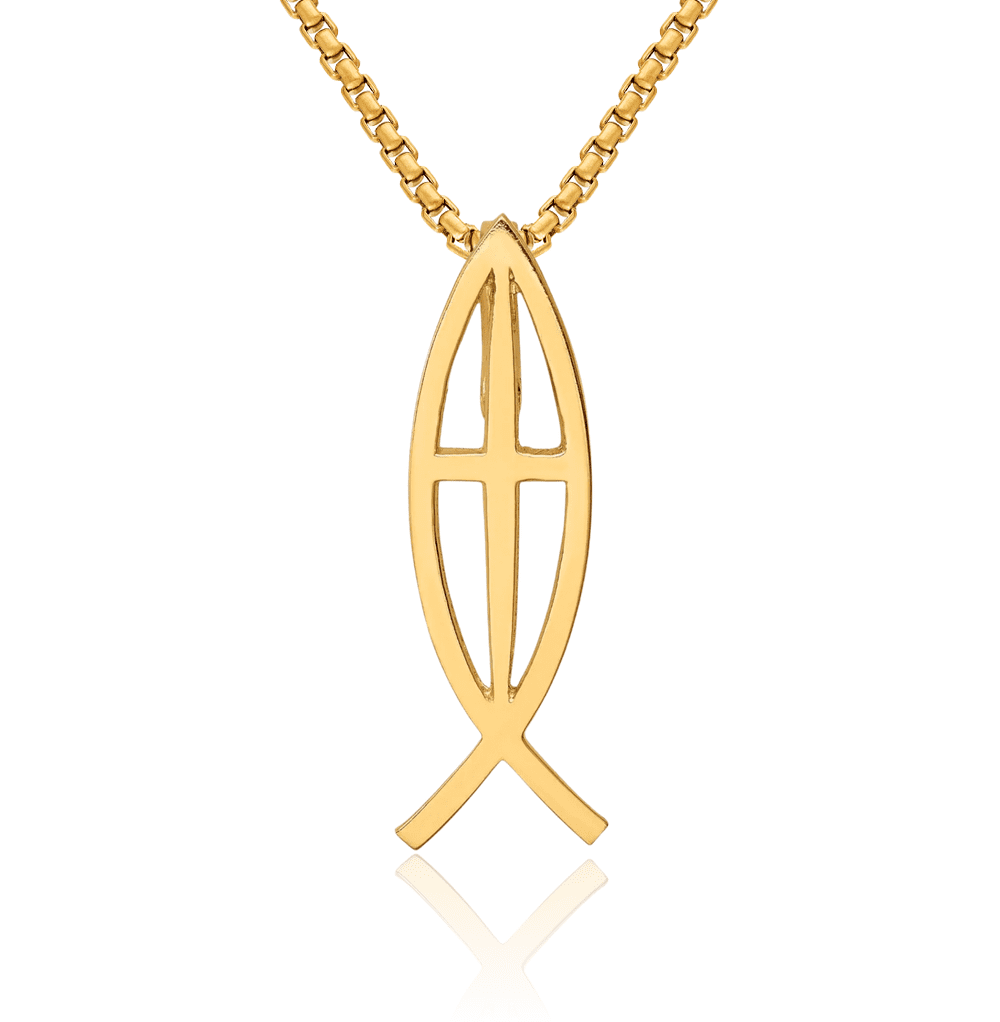 14K Solid Yellow Gold Ichthus Holy Cross Fish Symbol Slide Necklace ...