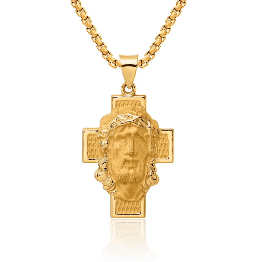 14K Solid Yellow Gold Jesus Christ Head Face Holy Cross Medal Necklace ...