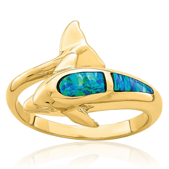 14K Solid Yellow Gold Lab Opal Sea Dolphin Ocean Fish Beach Nautical ...