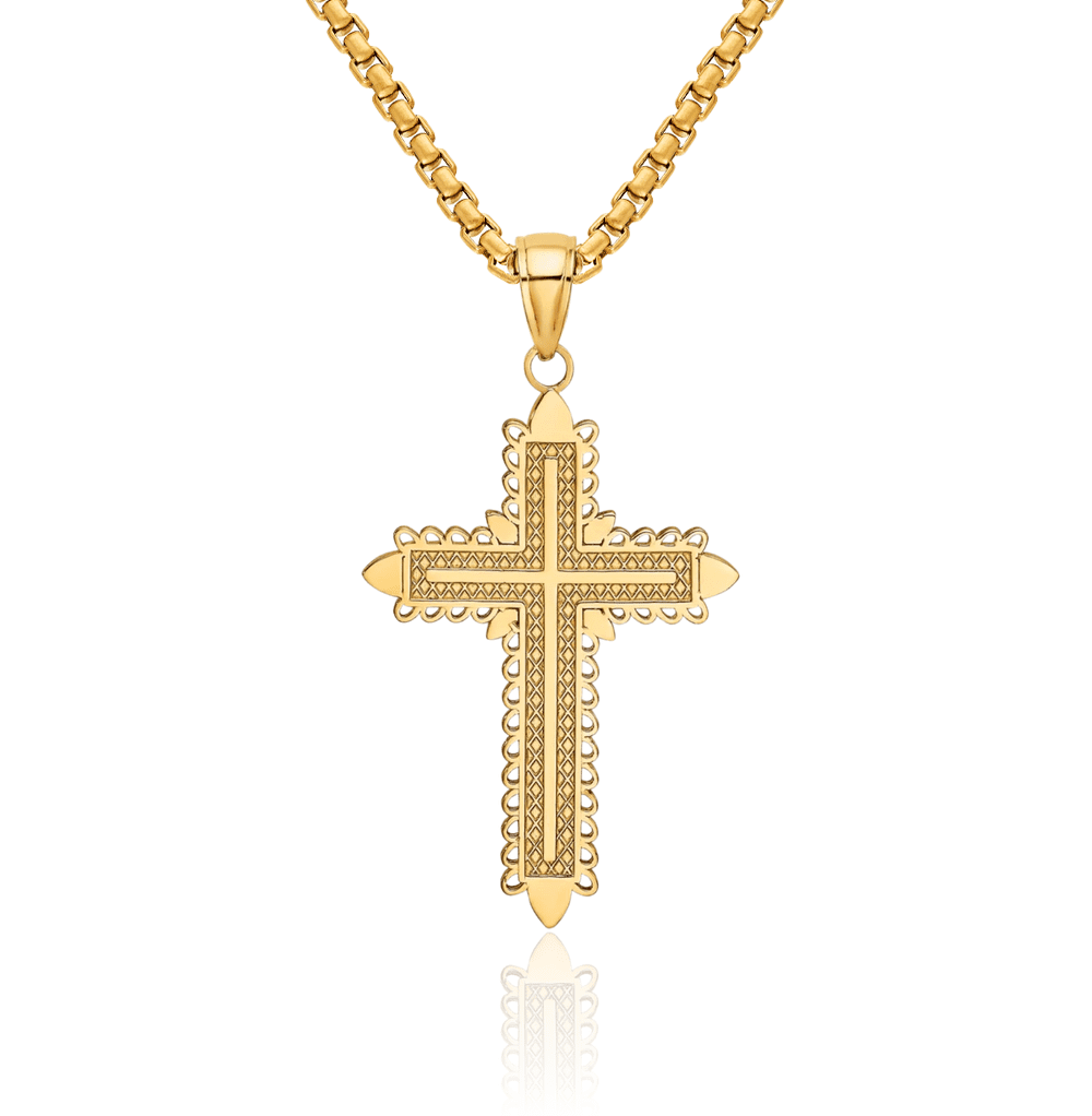 14K Solid Yellow Gold Lace Holy Cross Necklace Religious Chain Pendant ...