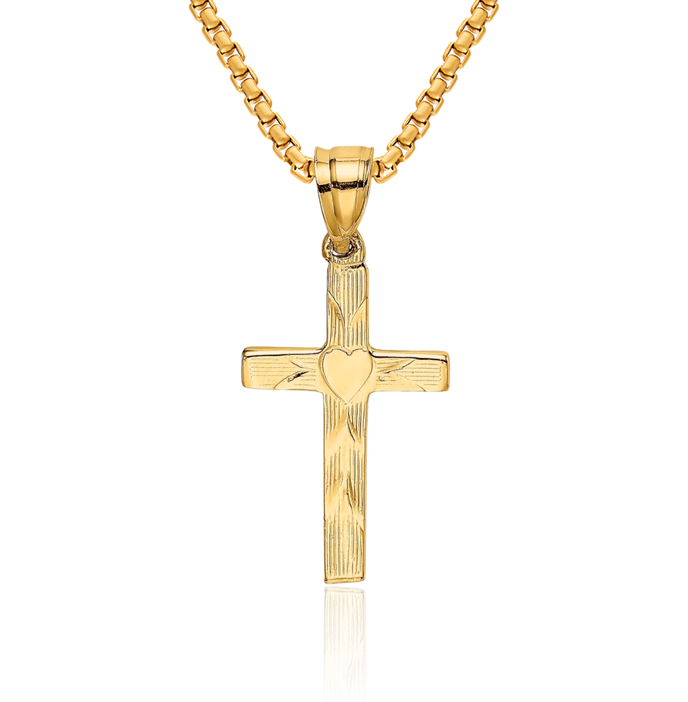 14K Solid Yellow Gold Latin Mexican Holy Cross Heart Necklace Religious ...