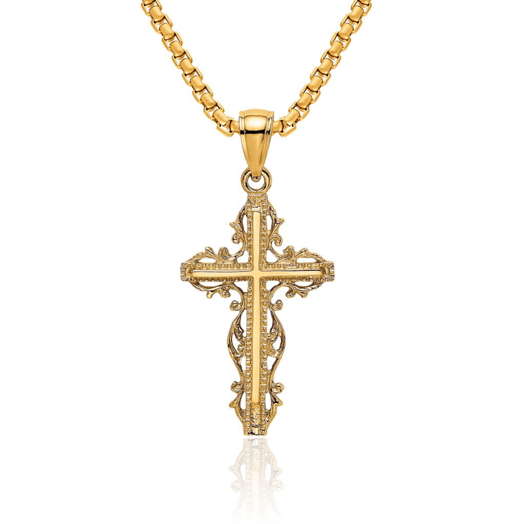 14K Solid Yellow Gold Latin Mexican Holy Cross Necklace Religious Chain ...