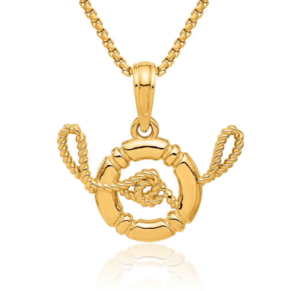 14K Solid Yellow Gold Life Preserver Rope Necklace Chain Pendant Charm ...