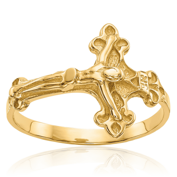 14K Solid Yellow Gold Lord Jesus Christ Crucifix Holy Cross Ring Christian Religious Band ...