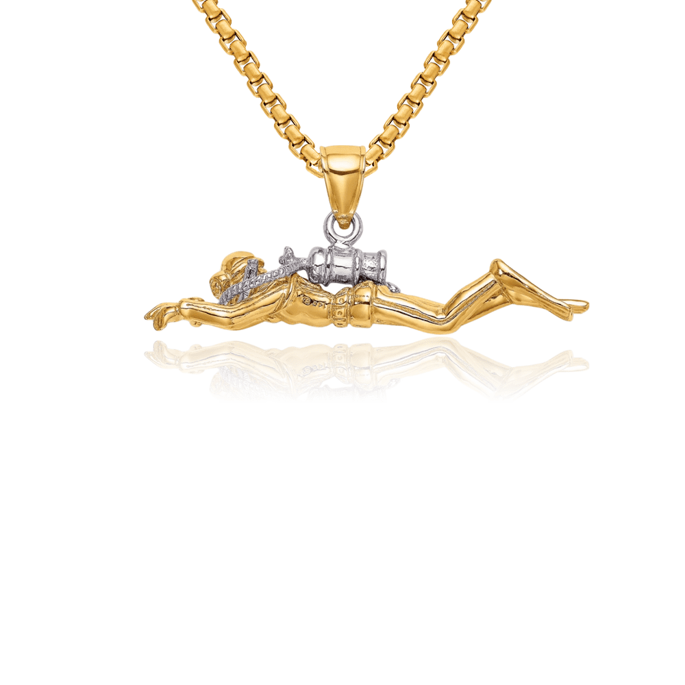 14K Solid Yellow Gold Male Scuba Diver Necklace Chain Pendant Charm ...