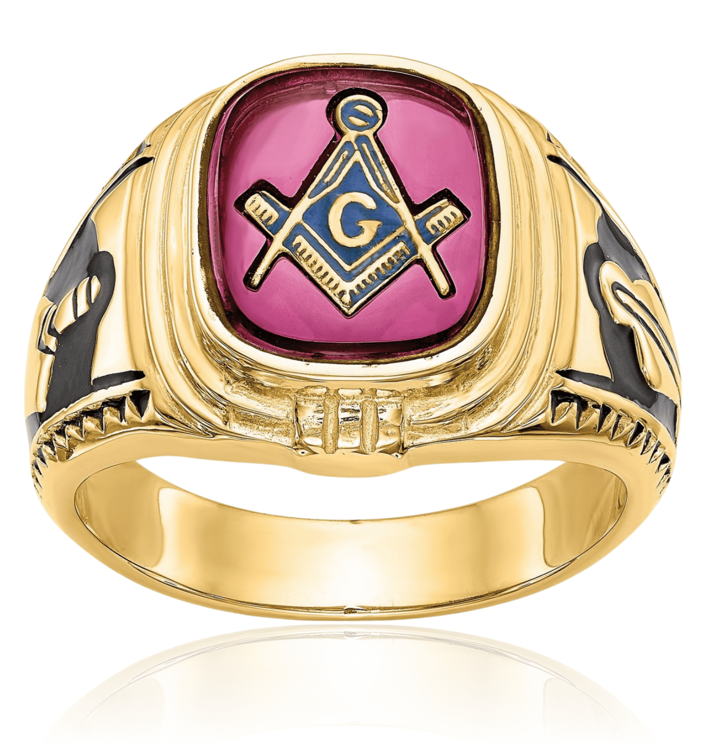 14K Solid Yellow Gold Mens Black Lab Red Ruby Master Mason Signet ...