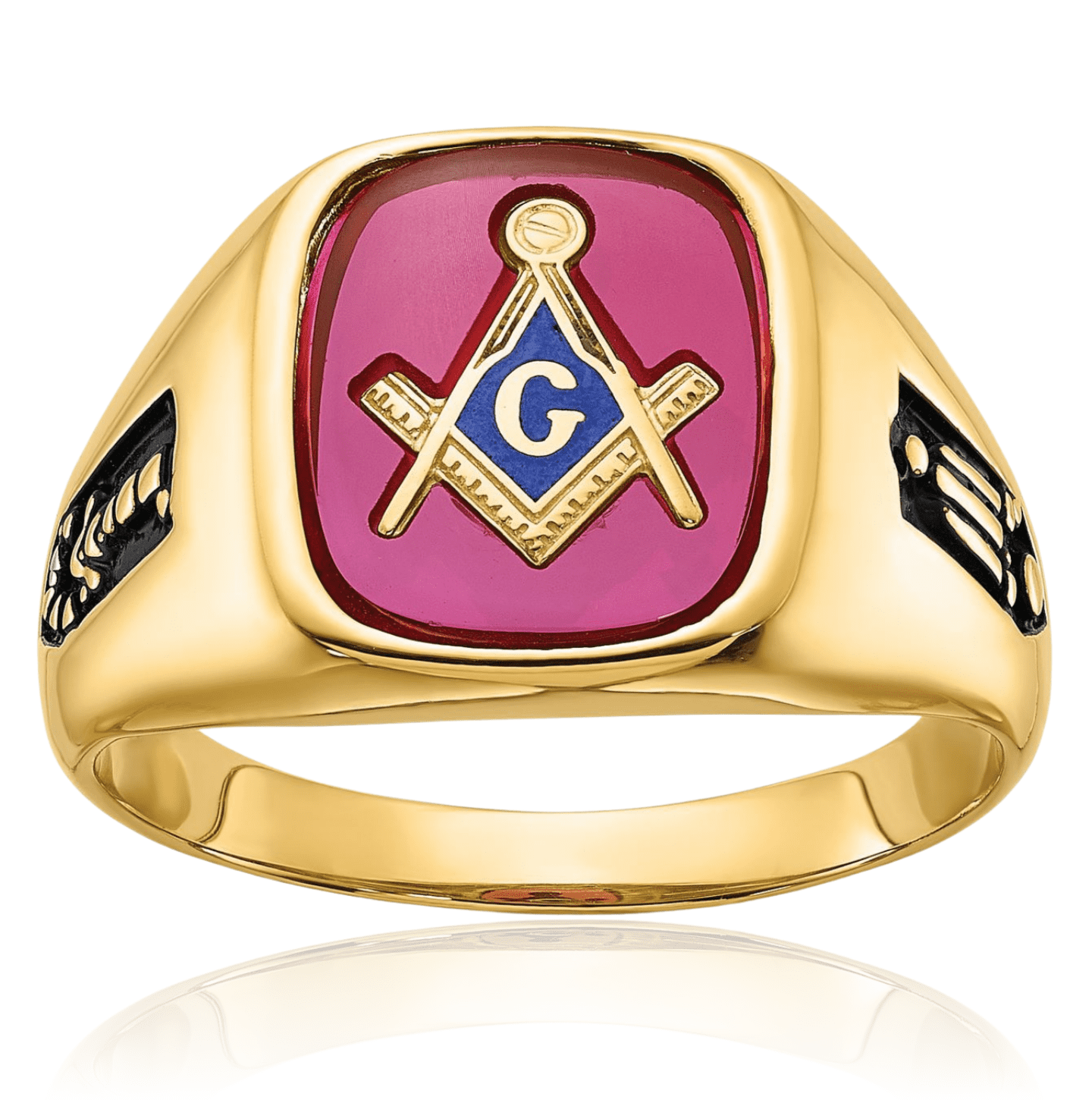 14K Solid Yellow Gold Mens Black Lab Red Ruby Master Mason Signet ...