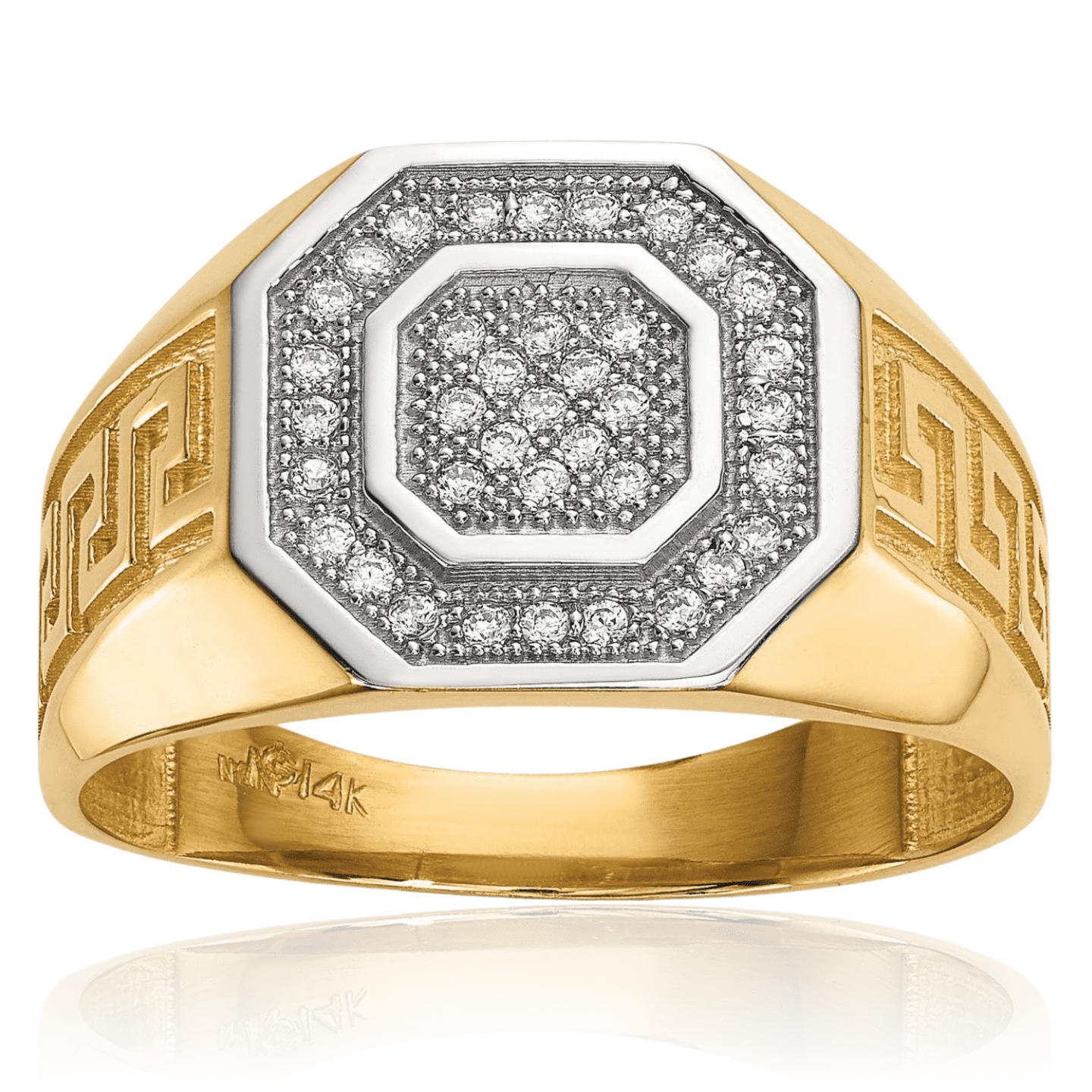 14K Solid Yellow Gold Mens Cubic Zirconia CZ Octagon Greek Key Ring ...