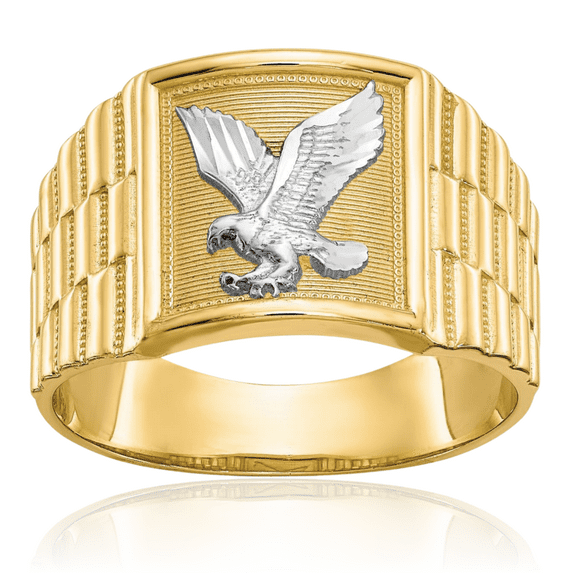 14K Solid Yellow Gold Mens Eagle Ring American Hawk Bird Head Band ...