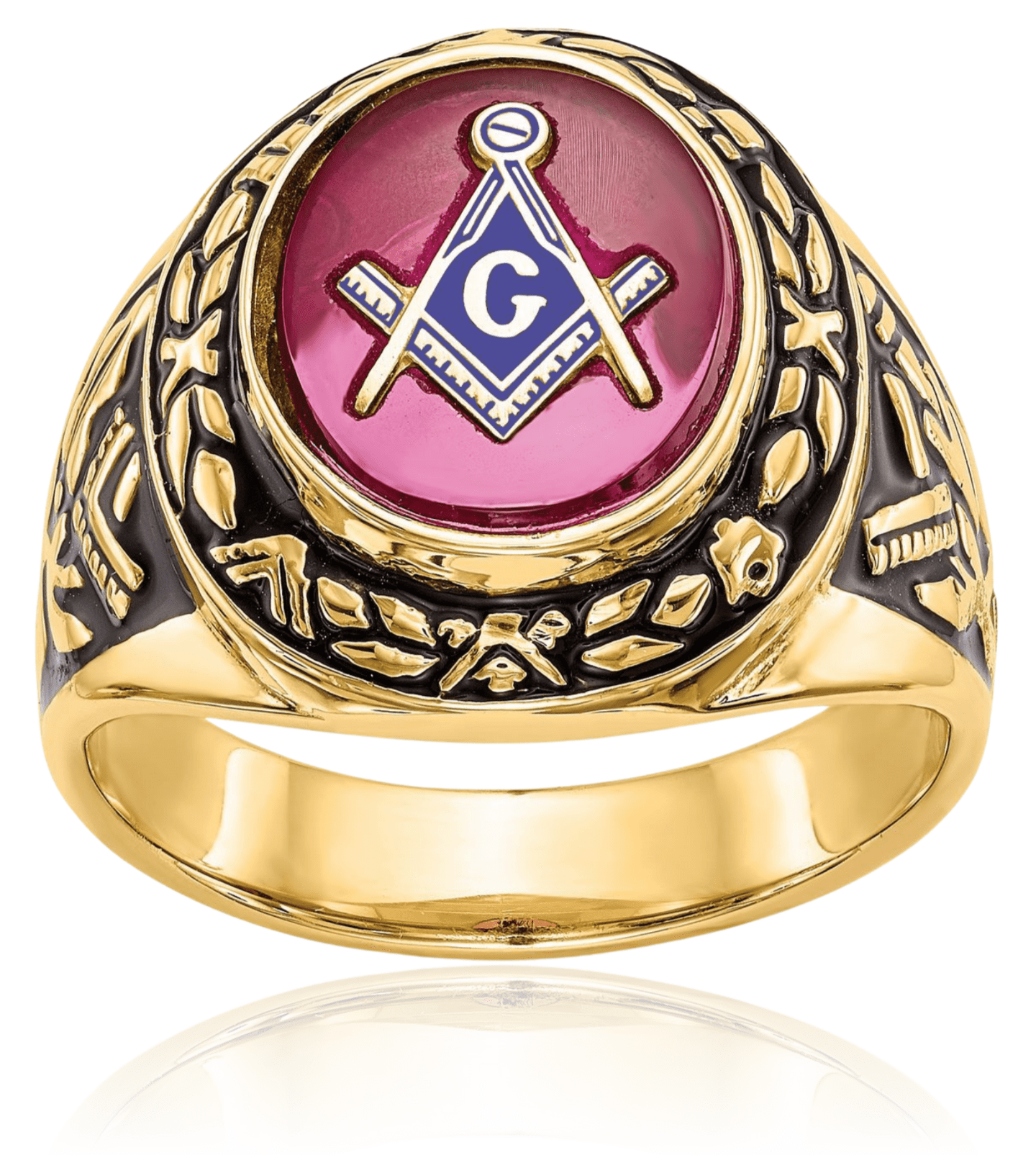 14K Solid Yellow Gold Mens Vintage Lab Red Ruby Master Mason Signet ...