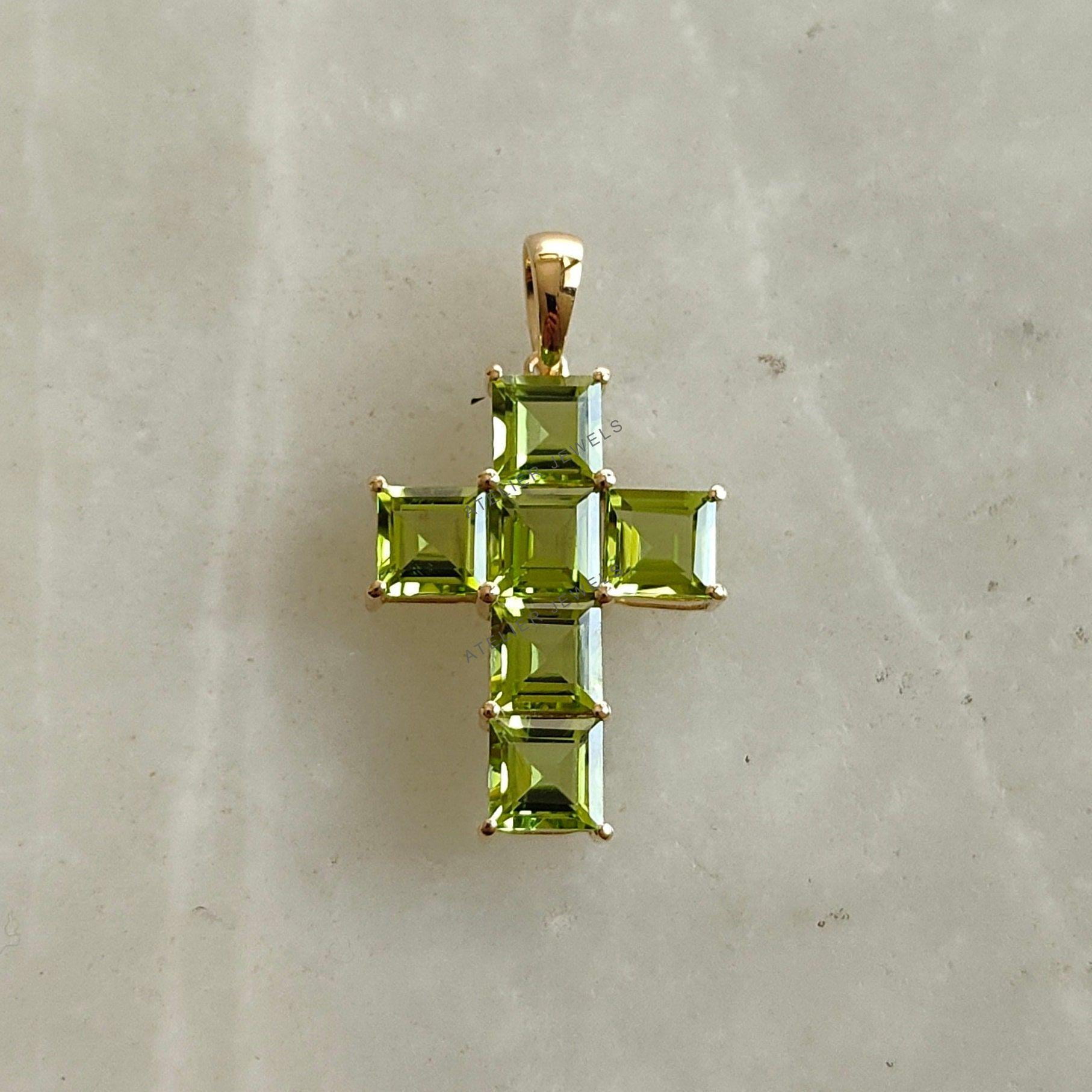 14K Solid Yellow Gold Natural Peridot Cross Pendant, August Birthstone ...