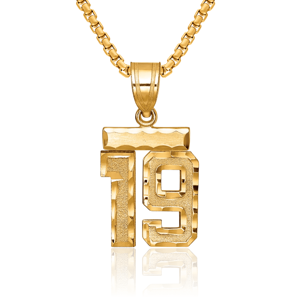 14K Solid Yellow Gold Number 19 Necklace Chain Pendant Charm with chain ...