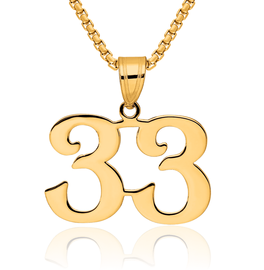 14K Solid Yellow Gold Number 33 Necklace Chain Pendant Charm with chain ...