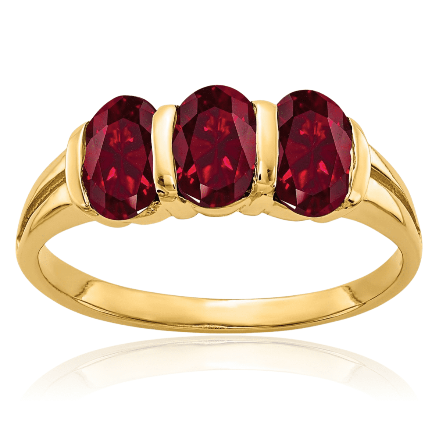 14K Solid Yellow Gold Oval Lab Red Ruby 3-stone Ring July Birthstone ...