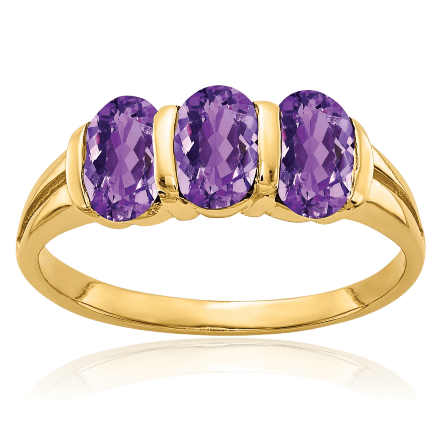 14K Solid Yellow Gold Oval Purple Amethyst 3-stone Ring Gemstone Band ...