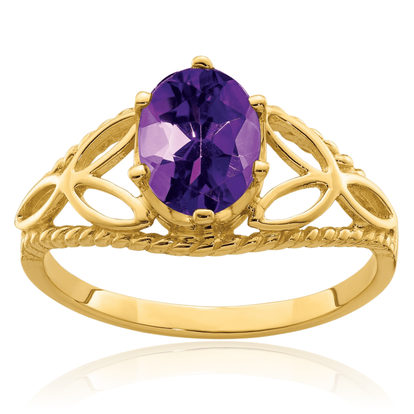 14K Solid Yellow Gold Oval Purple Amethyst Ring Gemstone Band February ...