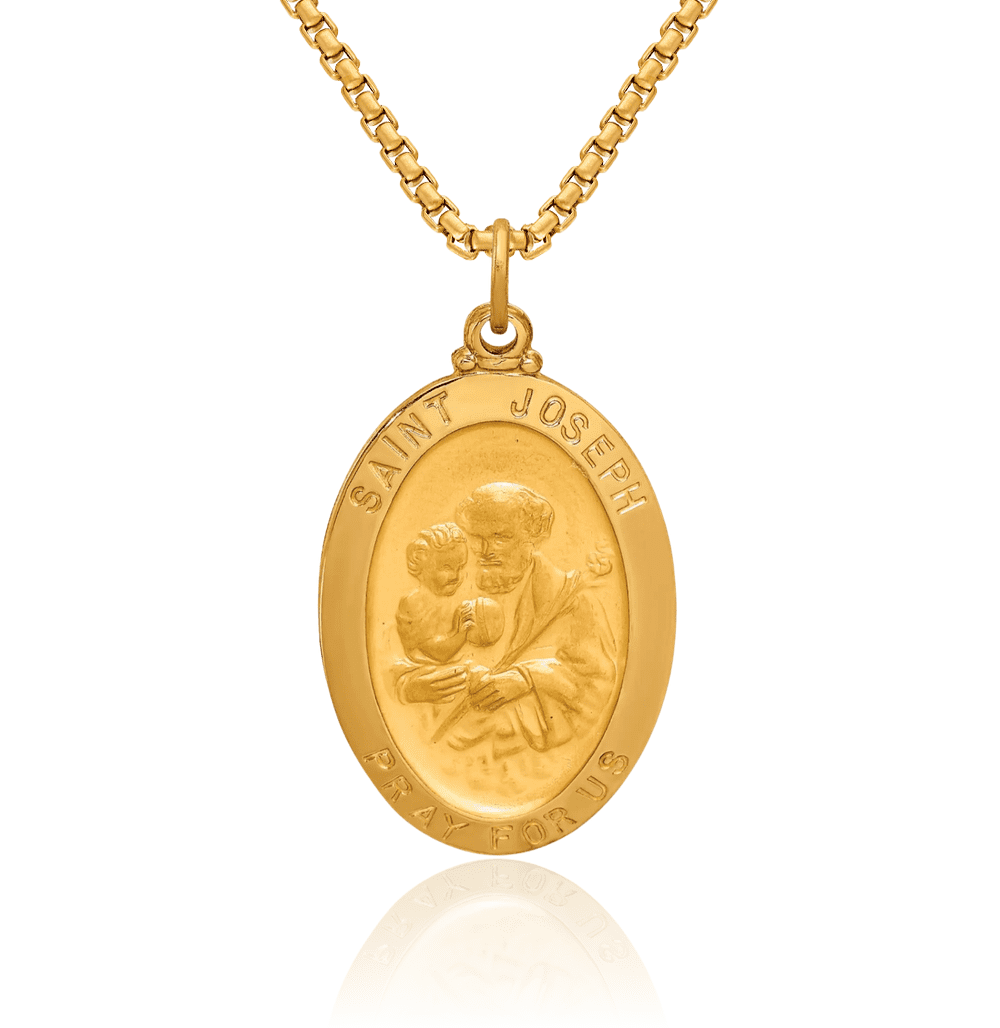 14K Solid Yellow Gold Oval Saint Joseph Medal Necklace Chain Pendant ...