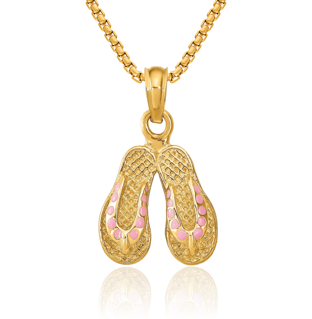 14K Solid Yellow Gold Pink Double Hawaiian Flip Flop Necklace Beach ...