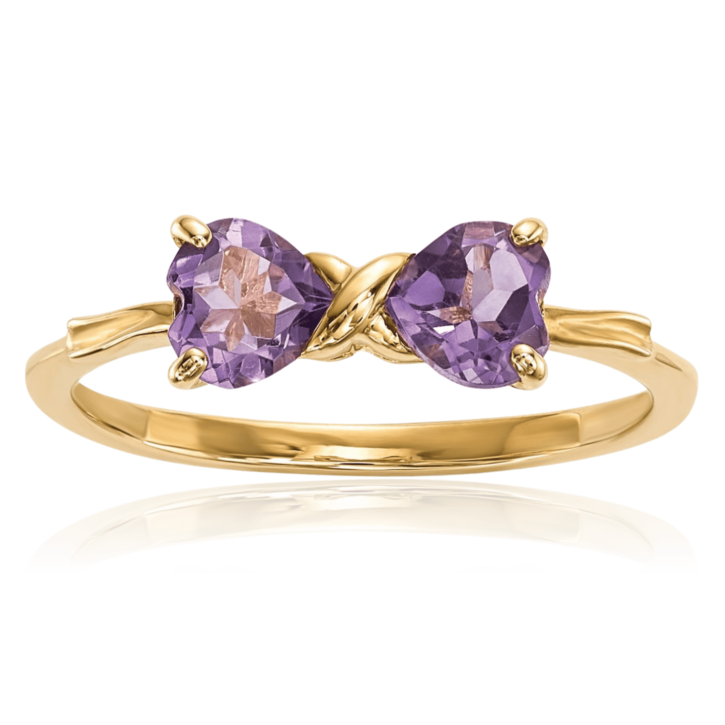 14K Solid Yellow Gold Purple Amethyst Bow Heart Ring Gemstone Love Band ...